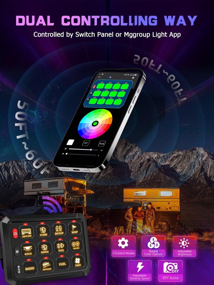 Chelhead 12 Gang Switch Panel APP Control RGB Dimmable Strobe Function ...