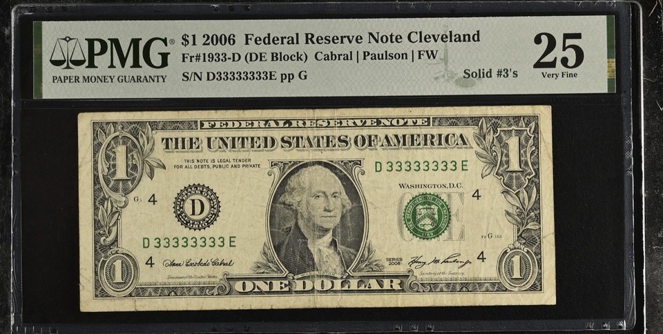 Solid 3’s D 33333333 E $1 Federal Reserve Note Solid Serial Number 2006 ...