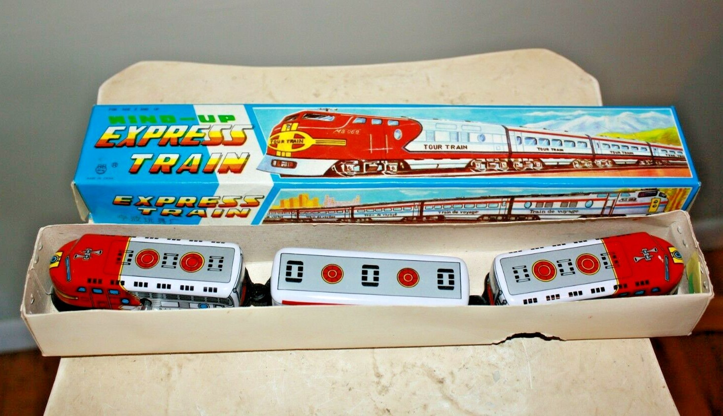 Vintage Wind up 'Express Train' tin toy in the original cardboard box ...