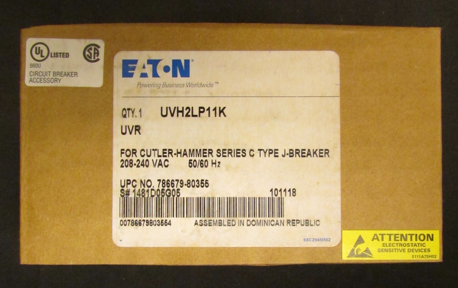 EATON CUTLER HAMMER UVH2LP11K K Breaker Undervoltage Release UVR ...