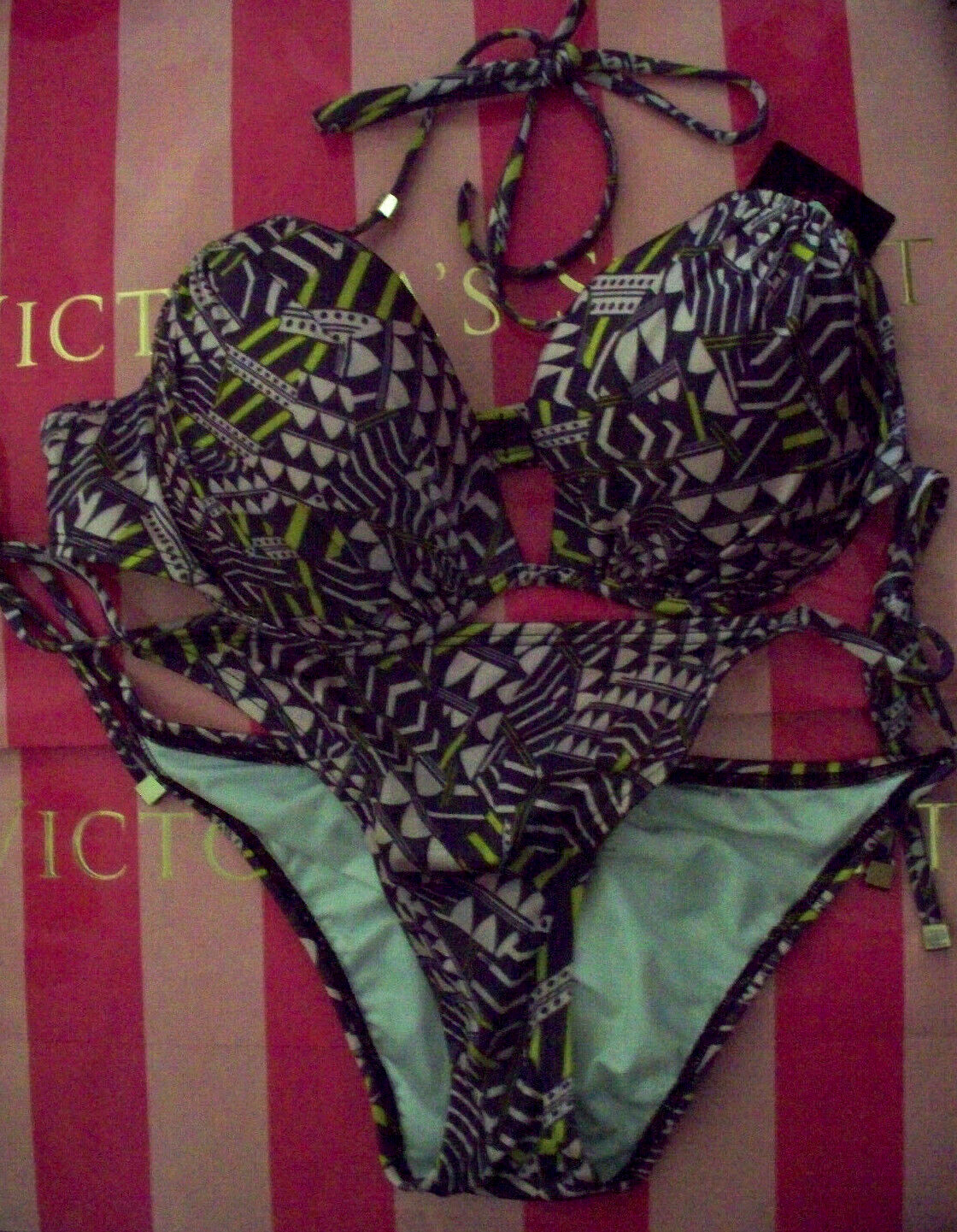 32D Purple GEO Print GOLD LOGO Victorias Secret Swimsuit & M Side Tie ...