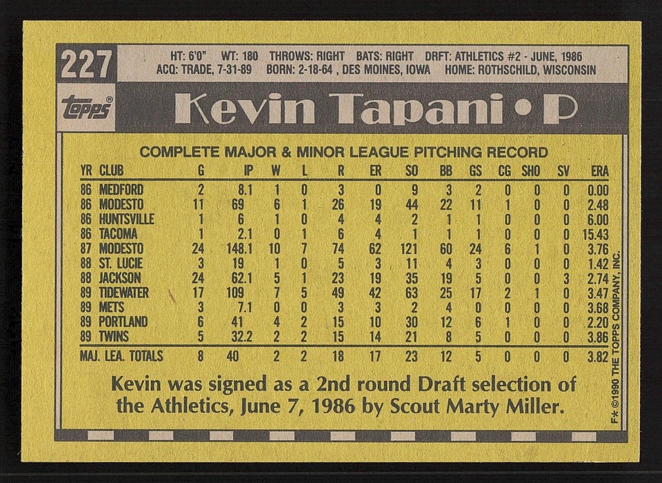 1990 Topps Rookie Kevin Tapani #227 Minnesota Twins | eBay