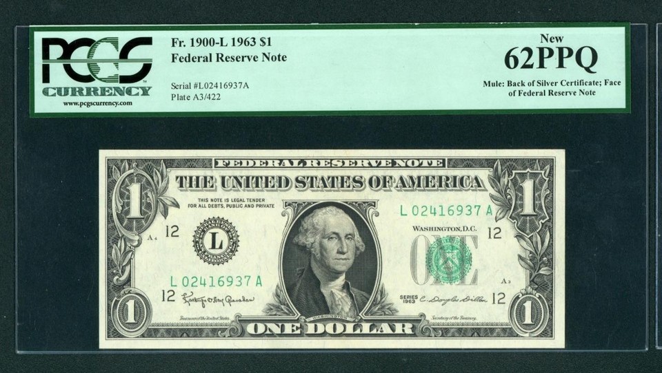 Fr. 1900-L $1 1963 MULE: Back Silver Cert; Face Federal Reserve (PCGS ...