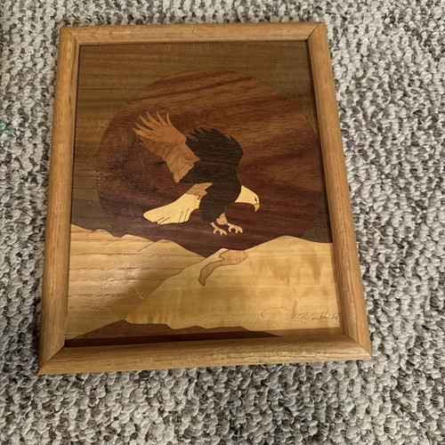 Vintage Solid Wood Framed Marquetry Wood Inlay EAGLE In Flight Picture ...