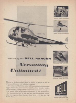 Versatility Unlimited! Bell Model 47 Ranger Helicopter ad 1957 AW | eBay