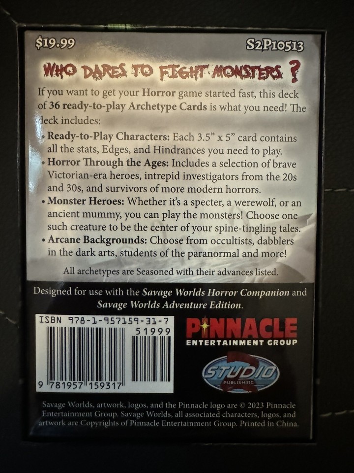 Savage worlds horror archetype cards (sealed) PEG SWADE | eBay