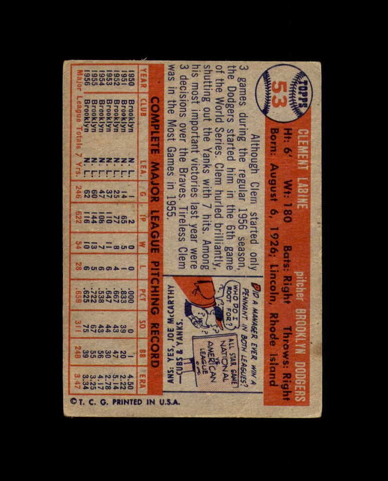 Clem Labine Signed Original 1957 Topps Brooklyn Dodgers Autograph | eBay
