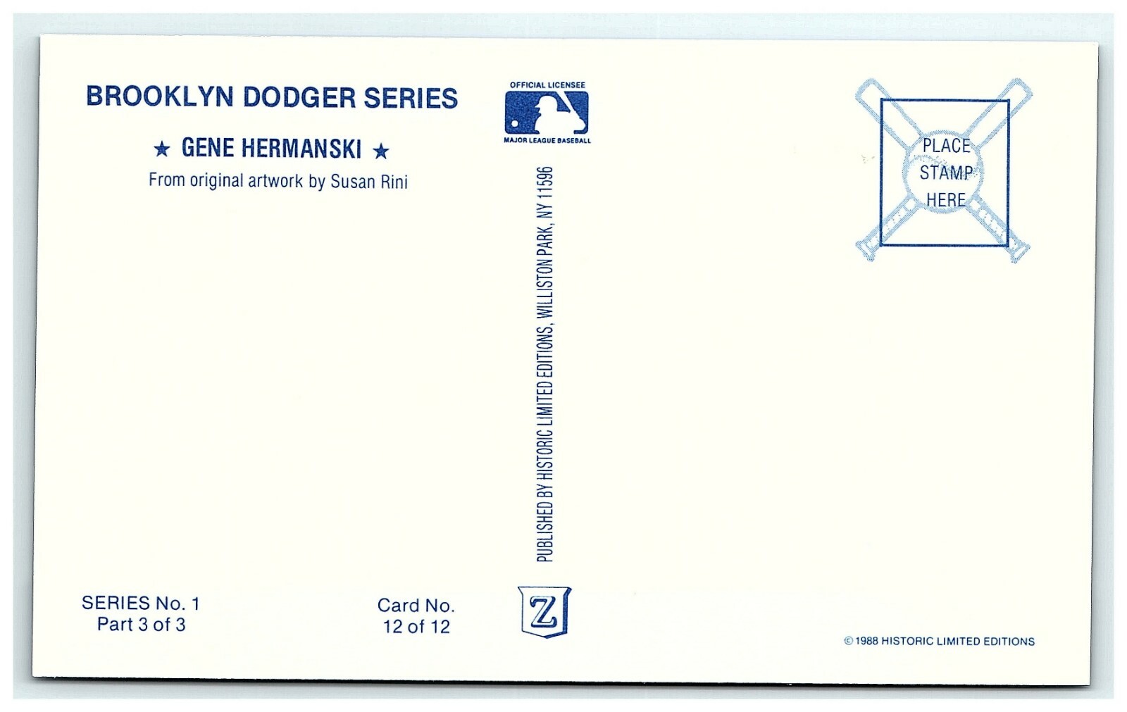 1988 #12 Gene Hermanski Of Rini Mlb Susan Brooklyn Postcard Dodgers Art ...