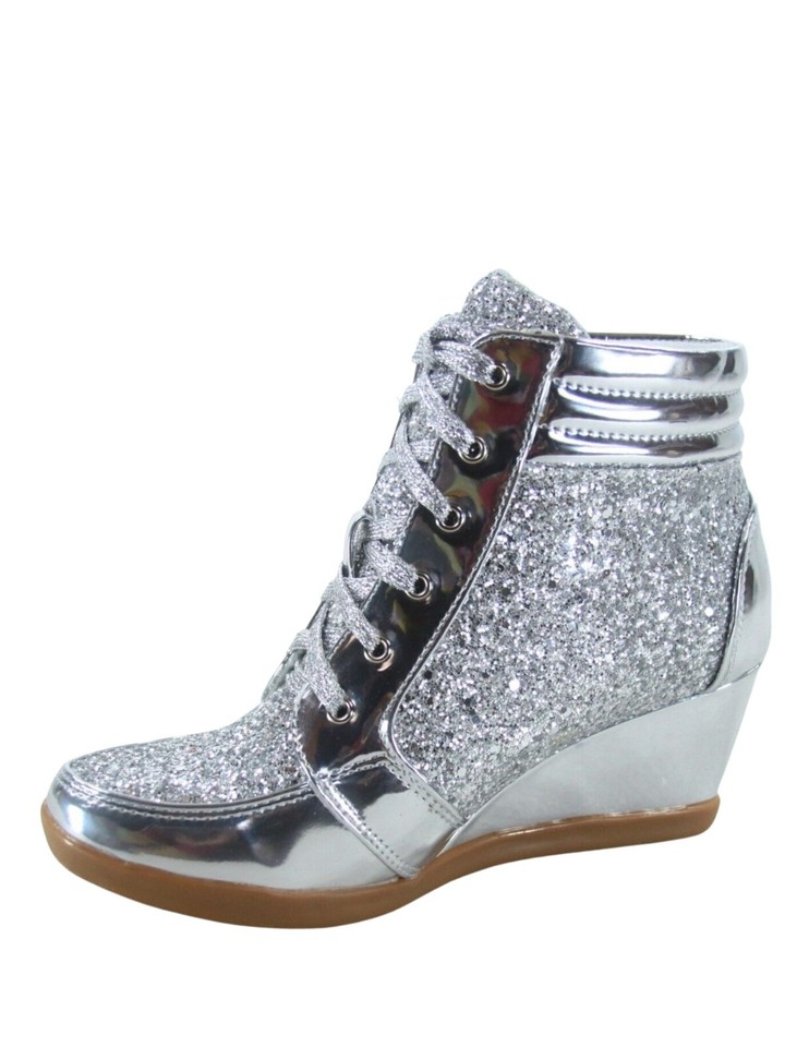Women's Shiny Patent Glitter Ankle Wedge Lace UP Party Sneaker Booties ...