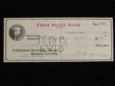 1917 CHECK * CLARITA OK * FIRST STATE BANK * STAMP & PUNCH CANCEL | eBay