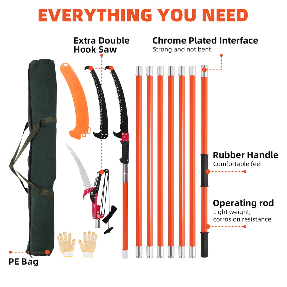 27ft Manual Pole Saw Extendable Tree Pruner Fiberglass Pole Hook Cutter ...