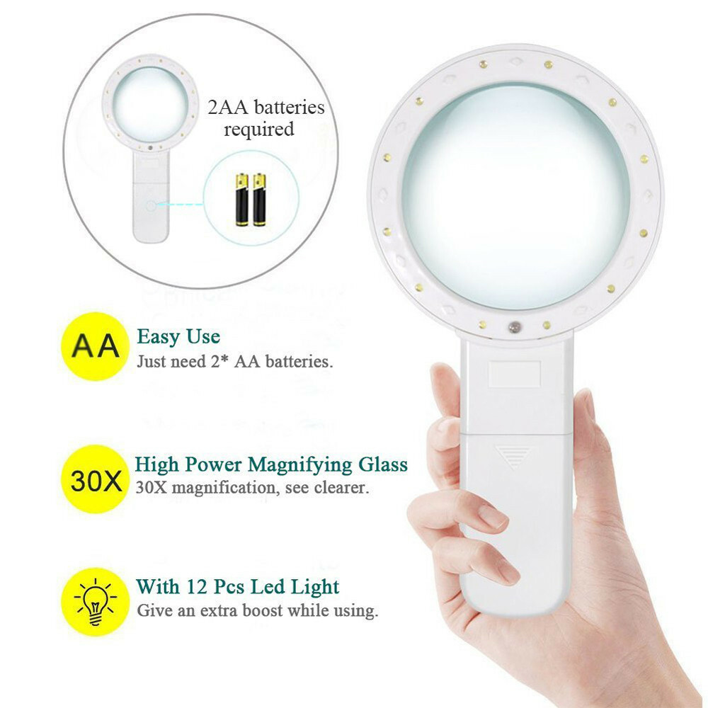 30X High Power Handheld Magnifying Glass Led Light Jumbo Illuminated ...