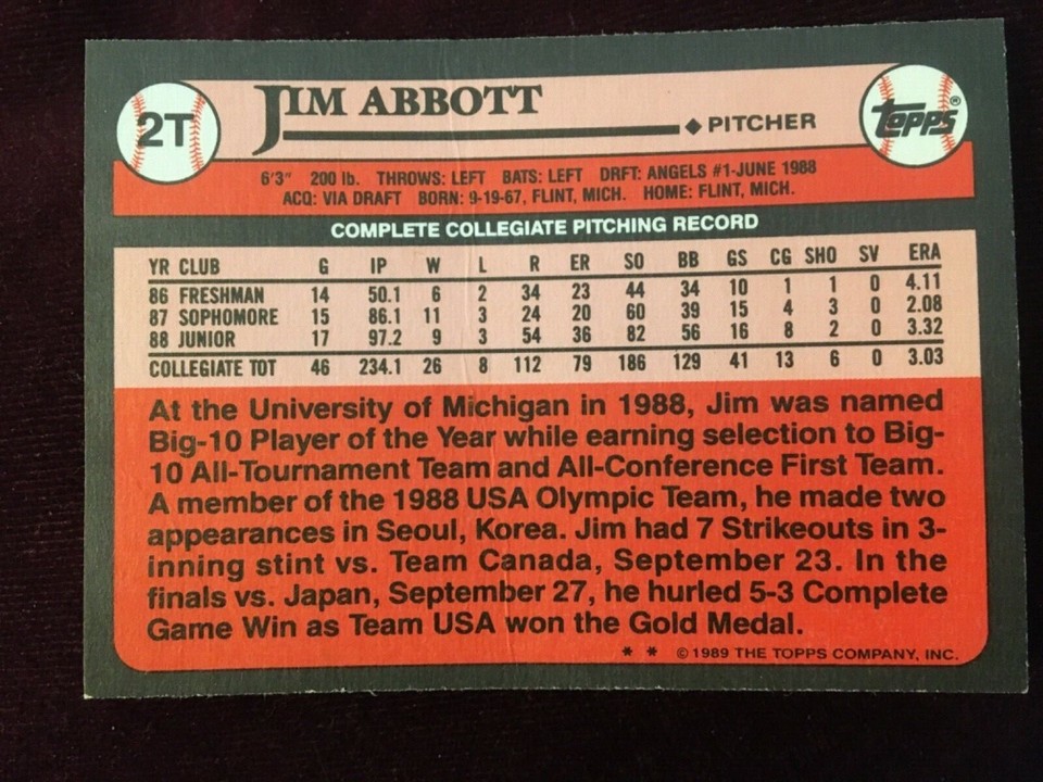 1989 Topps Traded #2T Angels Jim Abbott Rookie Baseball Card | eBay