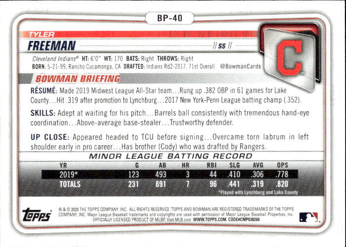 Tyler Freeman 2020 Bowman #BP-40 Prospects Cleveland Indians | eBay