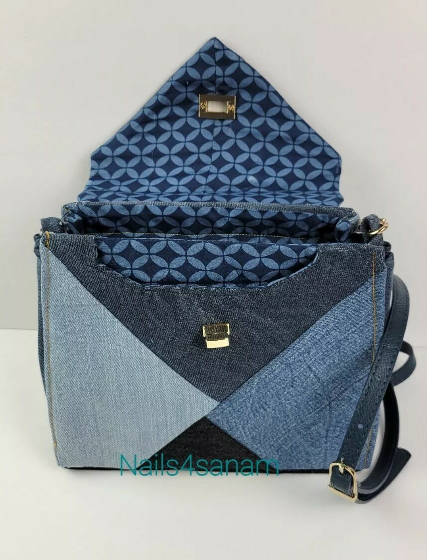 Amazing Denim Fabric color block pattern handbag handmade | eBay