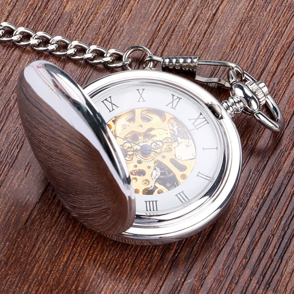 Silver Smooth Mechanical Double Full Hunter Skeleton Pocket Watch Men ...