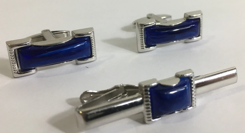 Vintage Cuff Link & Tie Clasp Set - Blue Glass Stones - Marked Foster ...