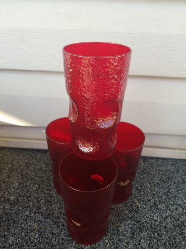 Blenko Pilgrim Ruby Red Glass Tumblers Glasses Pinch Crackle 6" MCM ...
