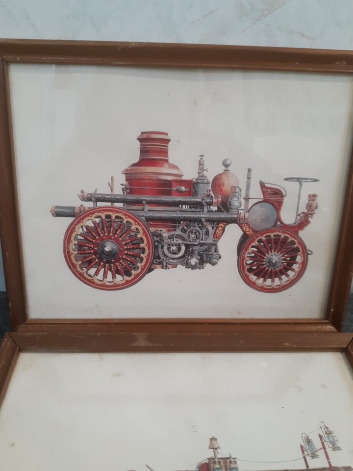 3 vintage antique firefighter fire steamer steam engine Lithograph ...