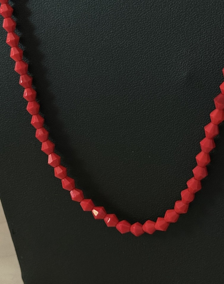 Mid Century Red Faceted Czech Glass Bicone Bead Necklace 28in Spring ...