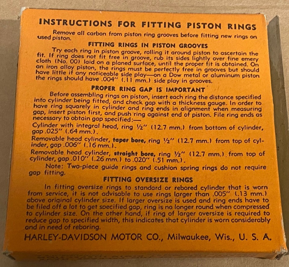 261-38C NOS Original Harley Piston Ring Set 45" Flat WL WLA 1954 ...