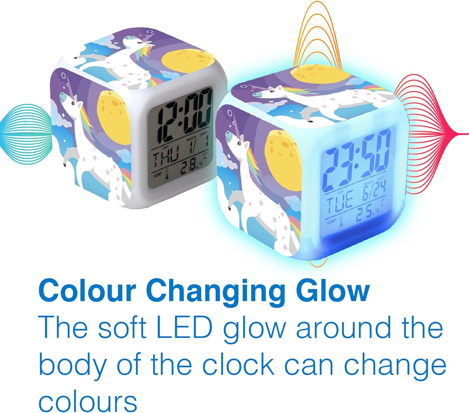 Kids Printed LED Glow Cube Alarm Clock Unicorn, Time, Date, Temperature ...
