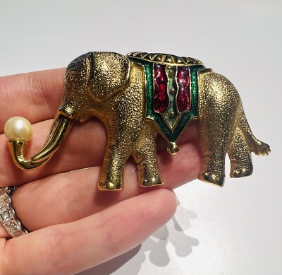 Vintage Monet Gold Plated Green Red Enamel Pearl Elephant Brooch | eBay