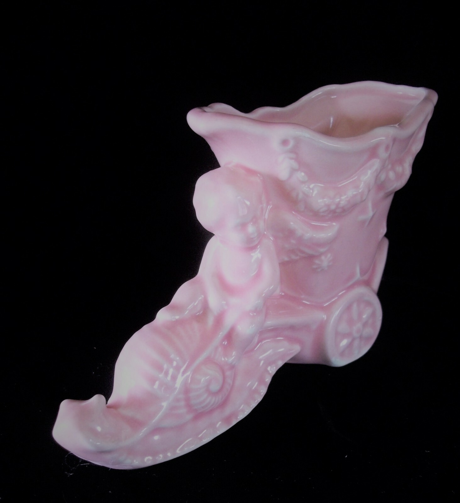 Vintage Pink Planter Cupid riding Snail baby Angel Cart with Wheels ...