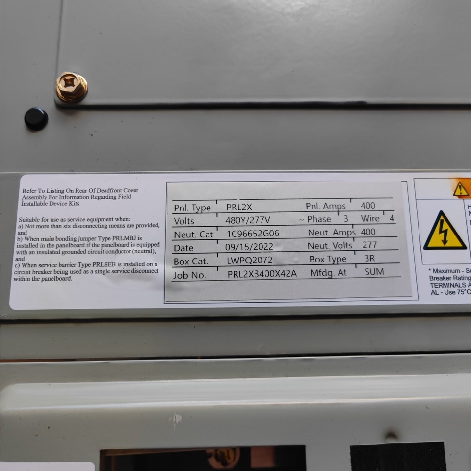EATON PRL2x 400 AMP 480Y 277V 3PHASE 4WIRE 42 Cir NEMA 3R Panelboard 72 ...