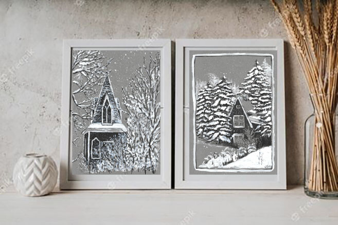 Set of 3 A4 ORIGINAL Ink Drawings Winter Landscape Chapel House Snow ...