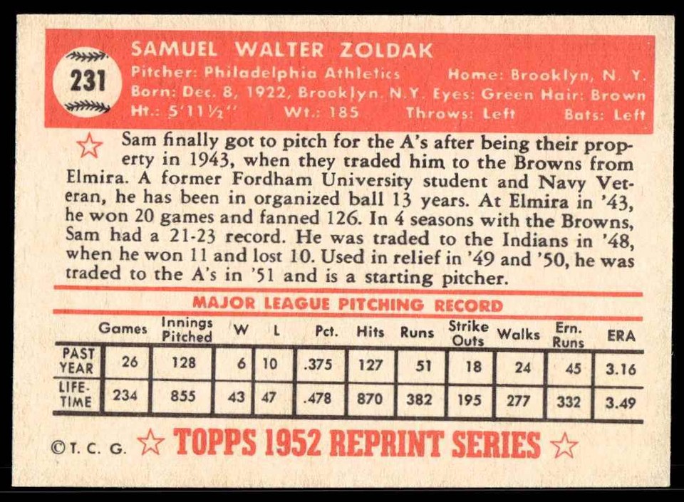 1983 Topps 1952 Reprint Series Sam Zoldak Philadelphia Athletics #231 ...