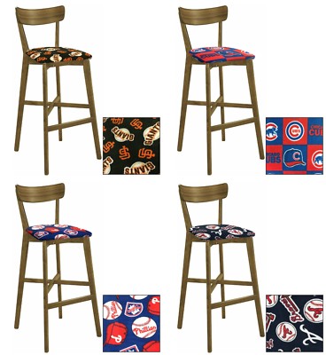 MLB Bar Stool Wood 30" Walnut Finish Backrest Baseball Fabric Covered ...