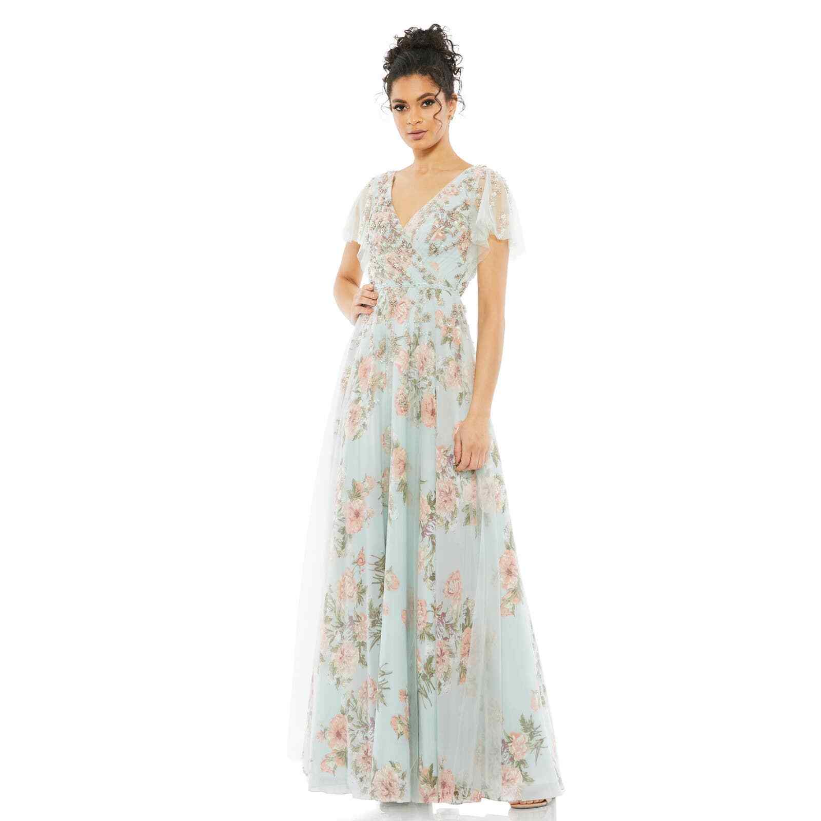 Mac Duggal Floral Flutter Sleeve V Neck Pastel Blue Multi Maxi Dress 16 ...