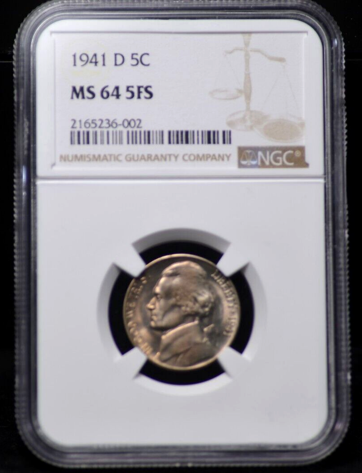 1941 D JEFFERSON NICKEL NGC MS 64 FULL STEPS LOVELY LIGHT PASTEL ROSEY ...