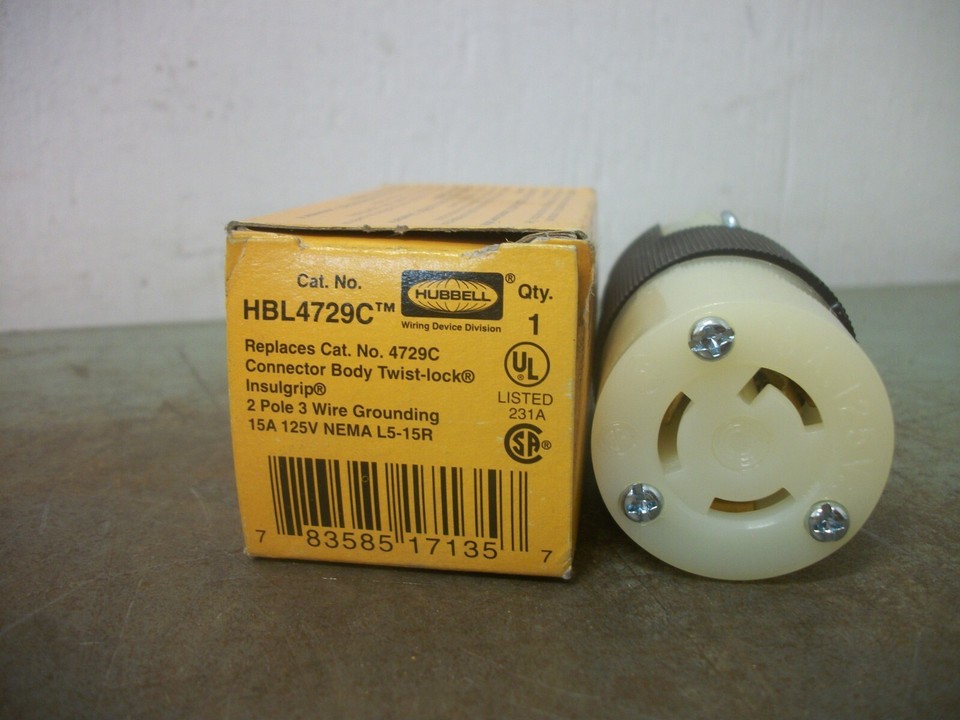 HUBBELL TWIST-LOCK CONNECTOR HBL4729C 10/15AMP 250/125VOLT 2P 3W GRND ...