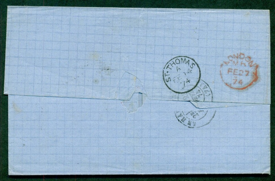 DANISH WEST INDIES 1874, Stampless letter, St. Thomas to France via ...