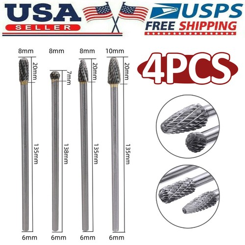 4 Rotary Burr Set Head Tungsten Carbide Burrs 6mm (1/4'') Shank Double ...