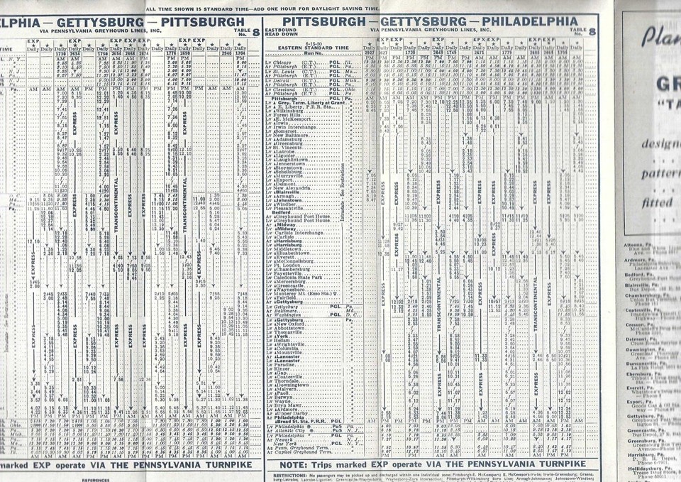 Pennsylvania Greyhound Bus Lines 1950 Timetable #3 | eBay