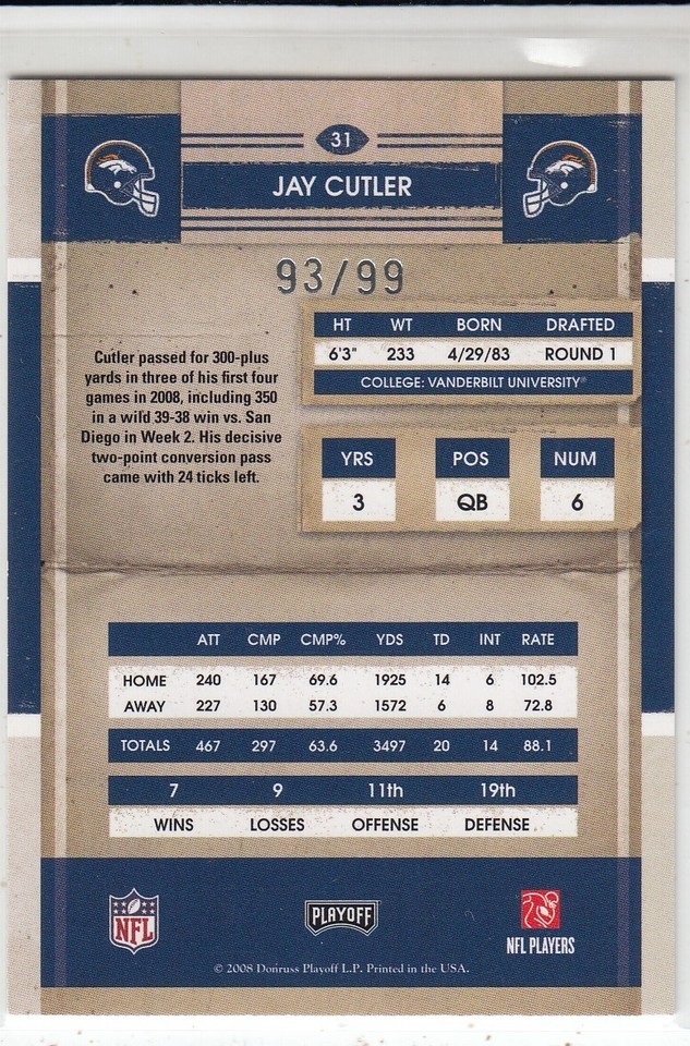 JAY CUTLER 2008 Donruss Playoff Contenders Playoff Ticket #31 93/99 ...