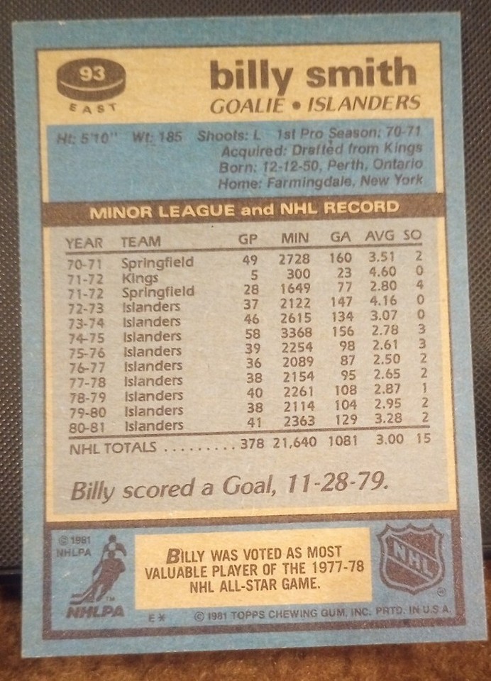 1981-82 Topps Hockey Billy Smith Card #93E In Ex-mt Condition | eBay