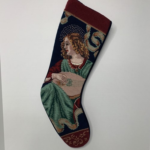 Vintage Needlepoint Christmas Stocking Blue Velvet Angel Lute Guitar ...