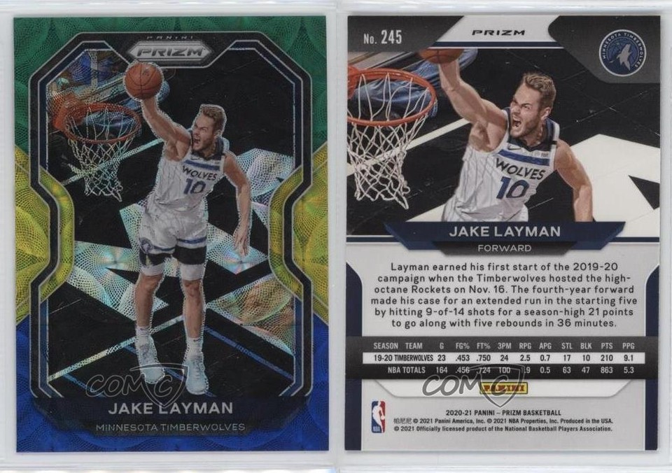 2020-21 Panini Prizm Choice Blue Yellow & Green Prizm Jake Layman #245 ...