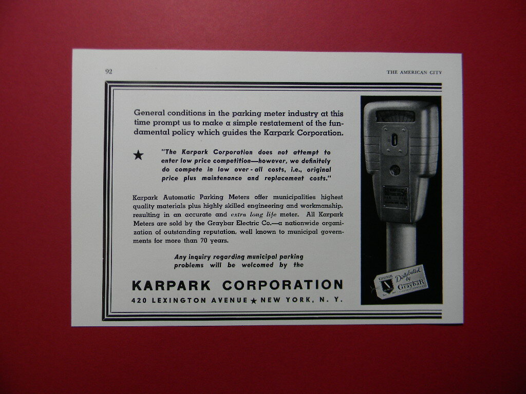 1940 KARPARK AUTOMATIC PARKING METERS DISTRIBUTED BY GRAYBAR SALES ART ...