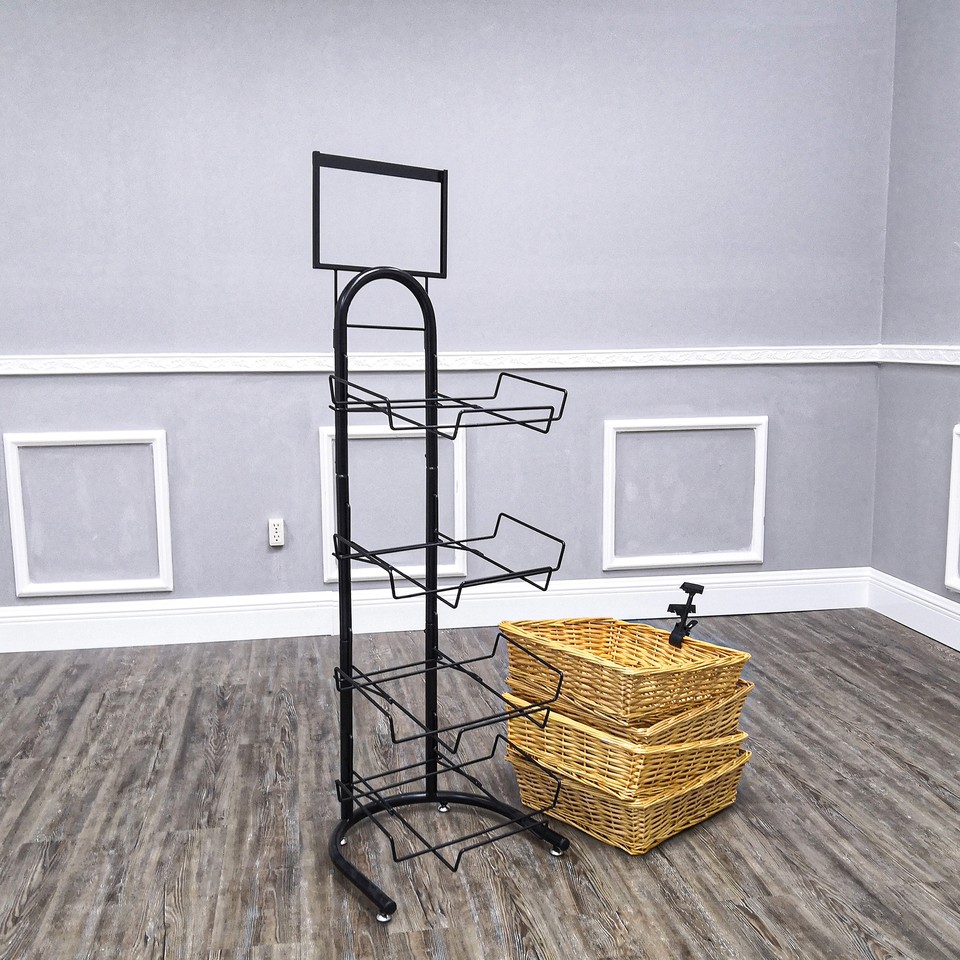 4 Tier Basket Stand Sign Clips Wicker Bakery Rack Produce Food Floor ...