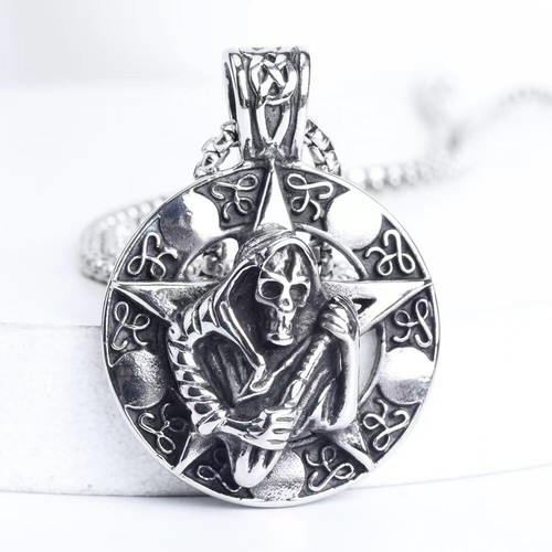 Men Silver Skull Grim Reaper Death Pendant Necklace Punk Rock Jewelry ...
