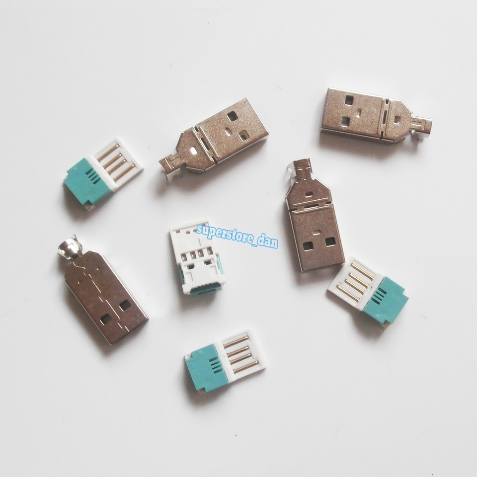 5Pcs USB 4 Pin Type-A Male 2-Piece NO Solder Connector Plug Metal Cover ...