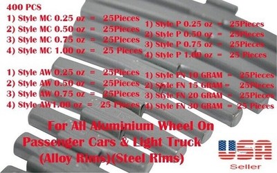 400 Lead ASSORTMENT CLIPON WHEEL WEIGHT BALANCE P AW MC FN STYLE .25 ...