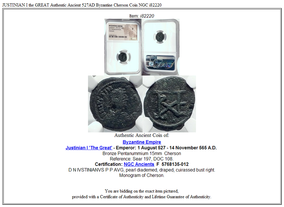 JUSTINIAN I the GREAT Authentic Ancient 527AD Byzantine Cherson Coin ...