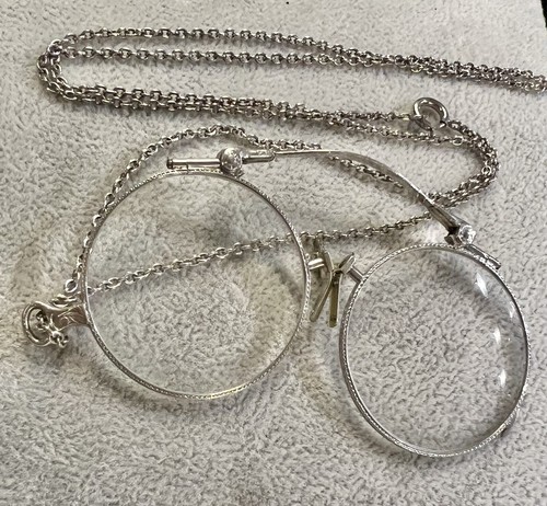 Antique White Gold Filled Lorgnette "Opera Glasses" w/ Sterling Chain ...