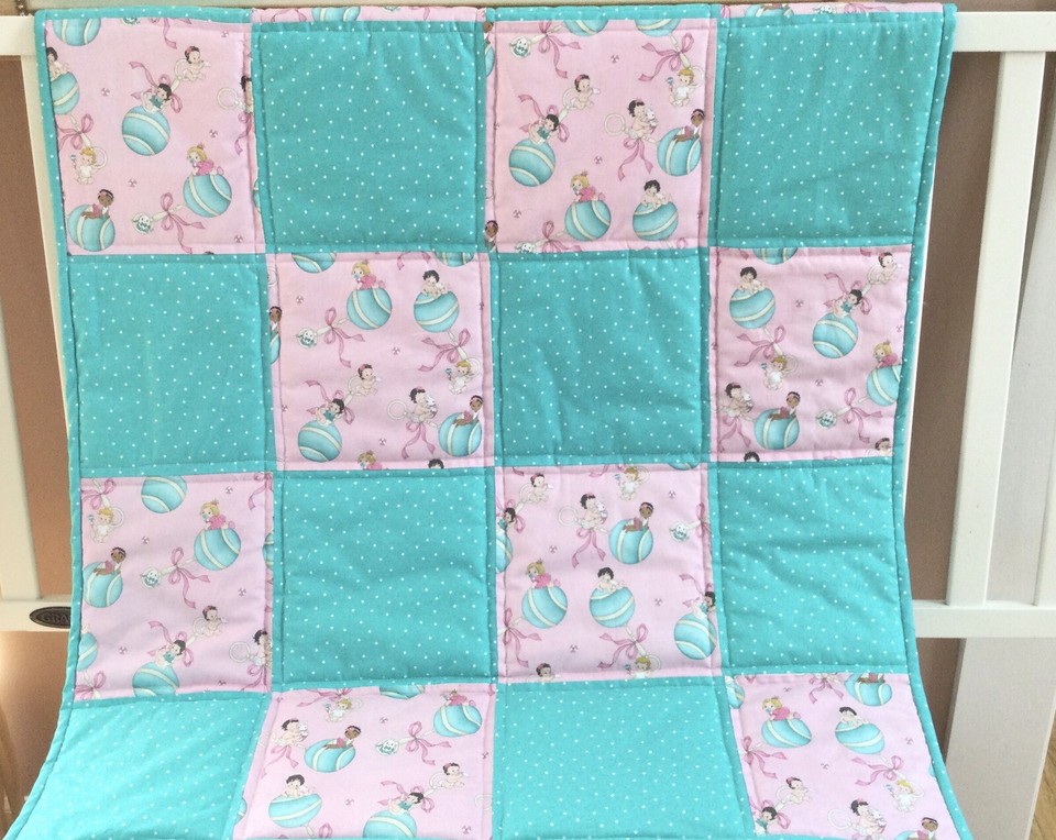 Baby Girl Quilt. Teal &Pink Quilt. Rattles & Bows Quilt. | eBay